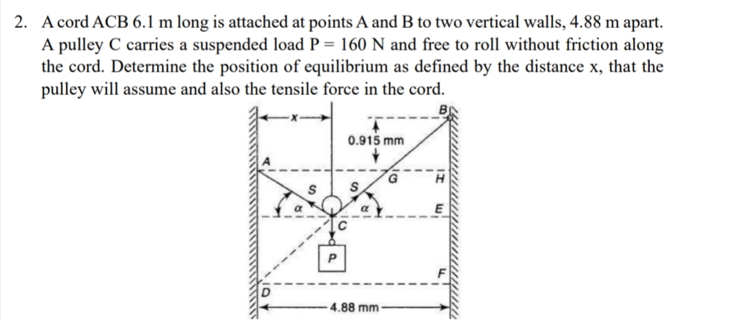 2. A cord ACB 6.1 m long is attached at points A and B to two vertical ...