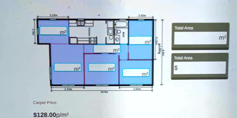 1.25m 2.65m 00 m² 1.55m Carpet Price: 128.00p/m² Total Area m² m² m² ...