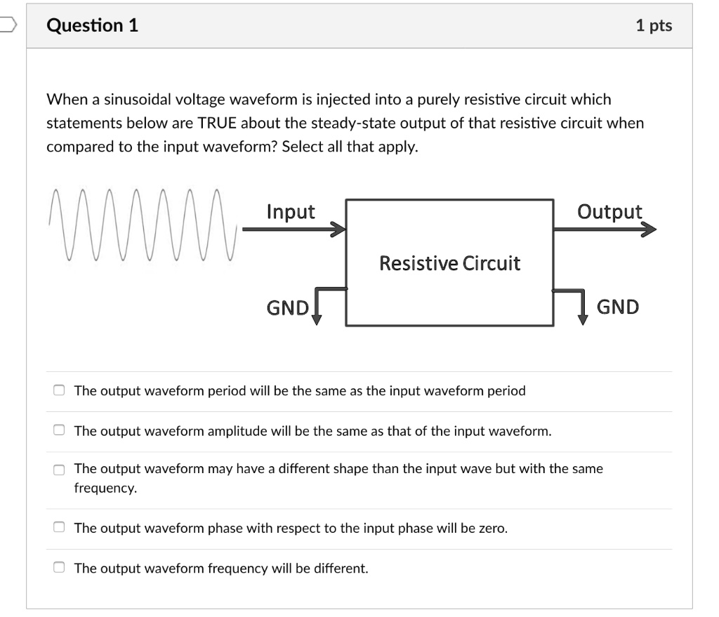 Question 1 1 pts When a sinusoidal voltage waveform is injected into a ...