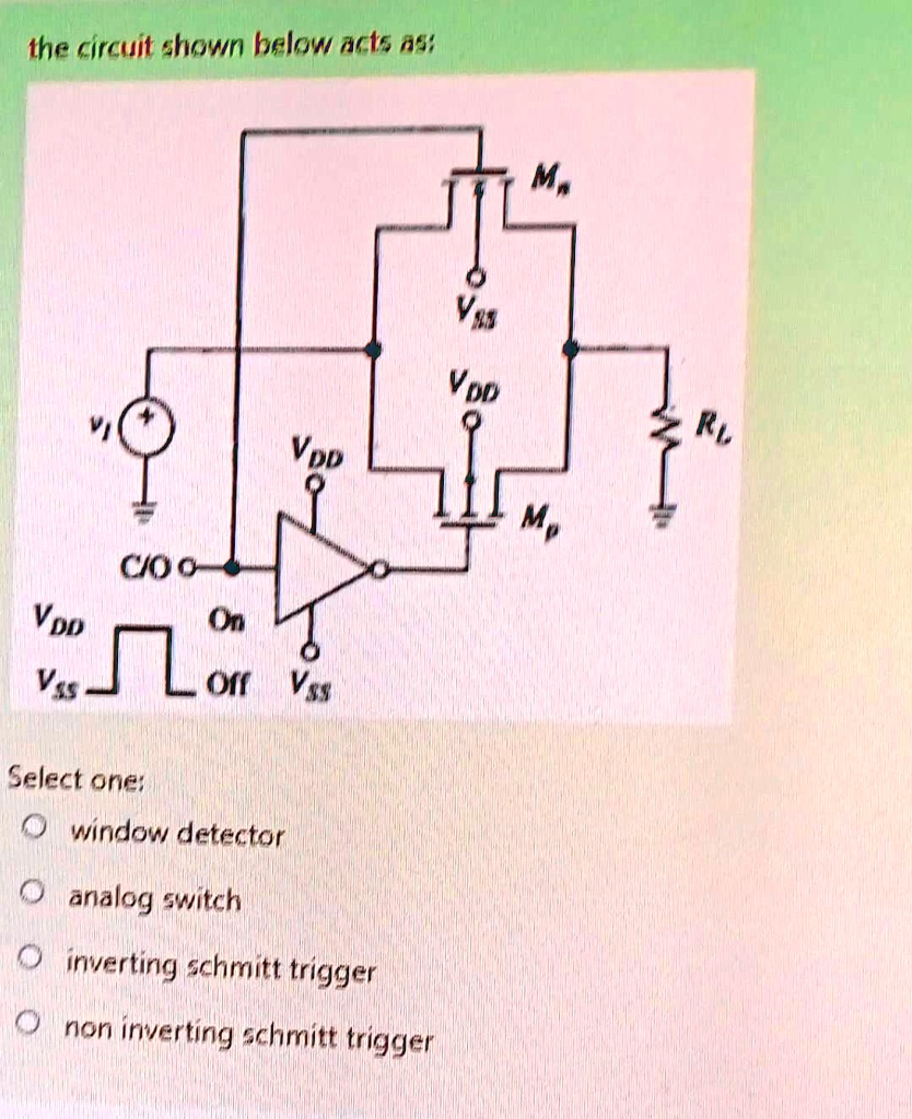 SOLVED: The circuit shown below acts as: VDD CIOO Vop On Vss Off Vss Select one: window detector ...