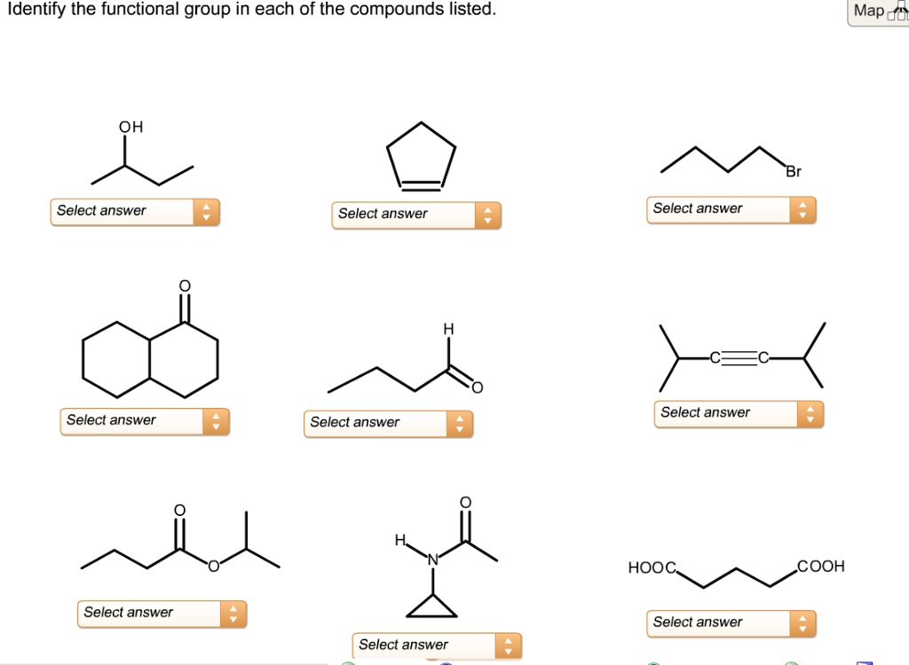 Identify the functional group in each of the compounds listed: Mappd OH ...
