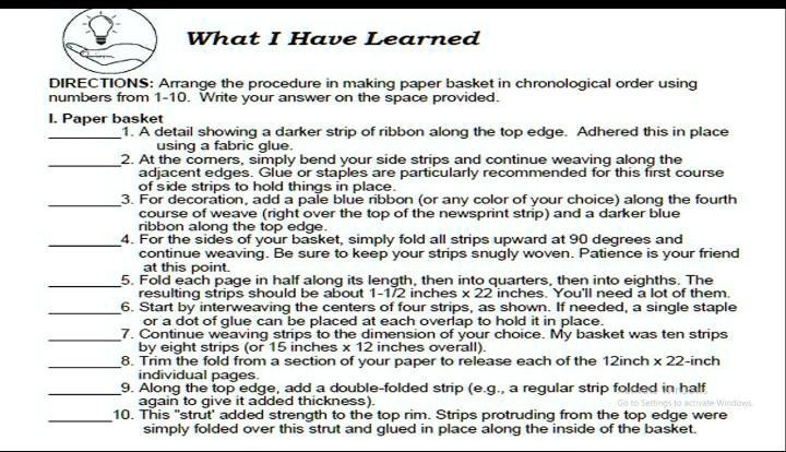 What I Have Learned DIRECTIONS: Arrange the procedure in making paper ...