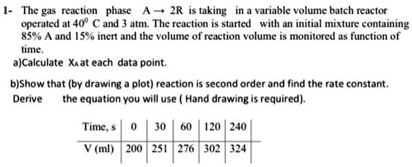 SOLVED: 1-The gas reaction phase A-2R is taking in a variable volume ...