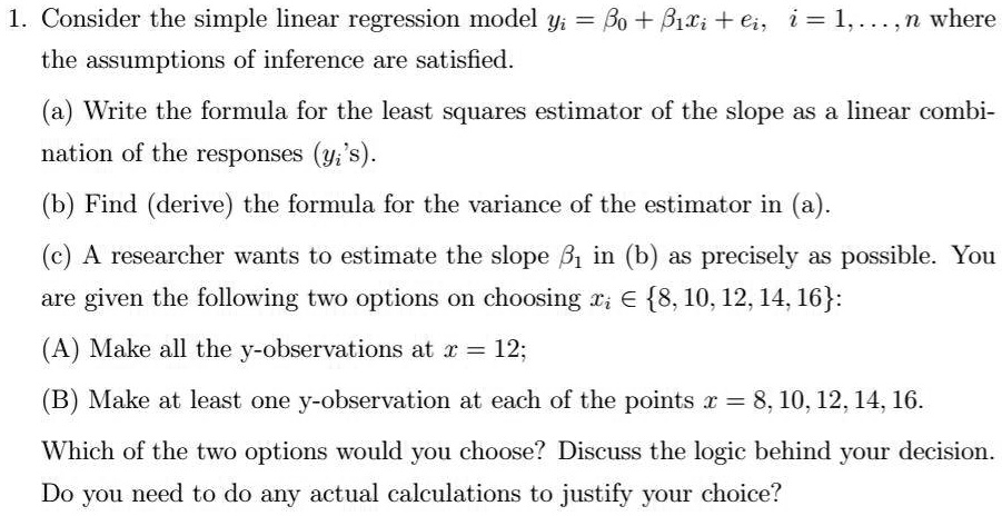 SOLVED: Consider the simple linear regression model yi = Bo + B1xi + ei; i = 1 to n where the ...