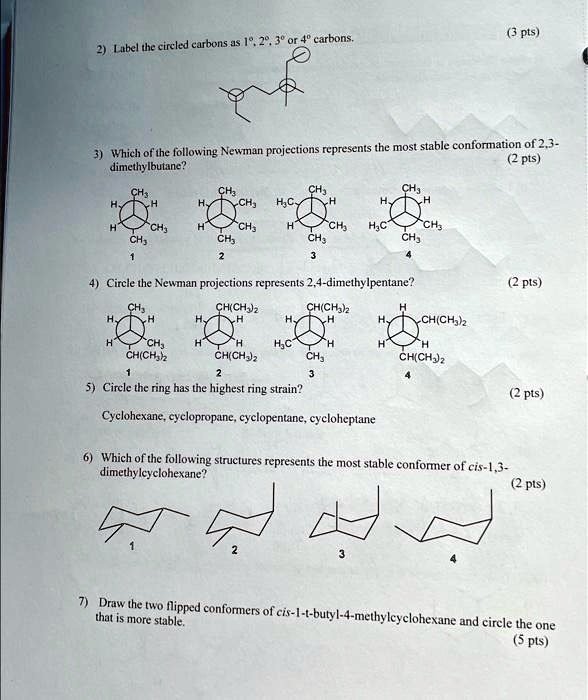 SOLVED: Texts: 3 pts 1) Label the circled carbons as 1, 2, 3, or 4. 2) Which of the following ...