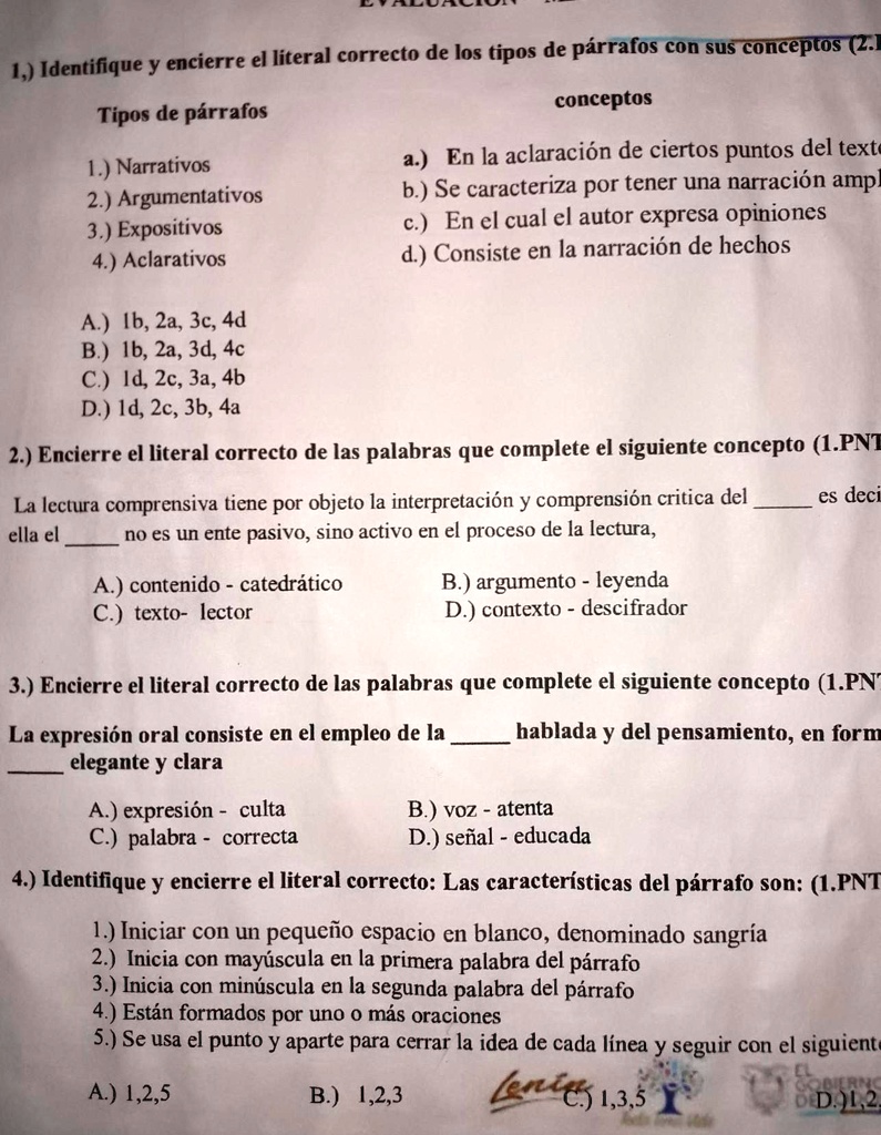 SOLVED: ayúdeme en esta tarea encierre el literal correcto de los tipos ...