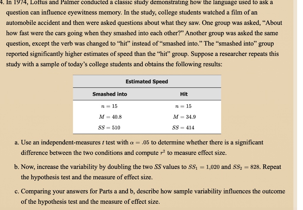 SOLVED: In 1974, Loftus and Palmer conducted a classic study ...