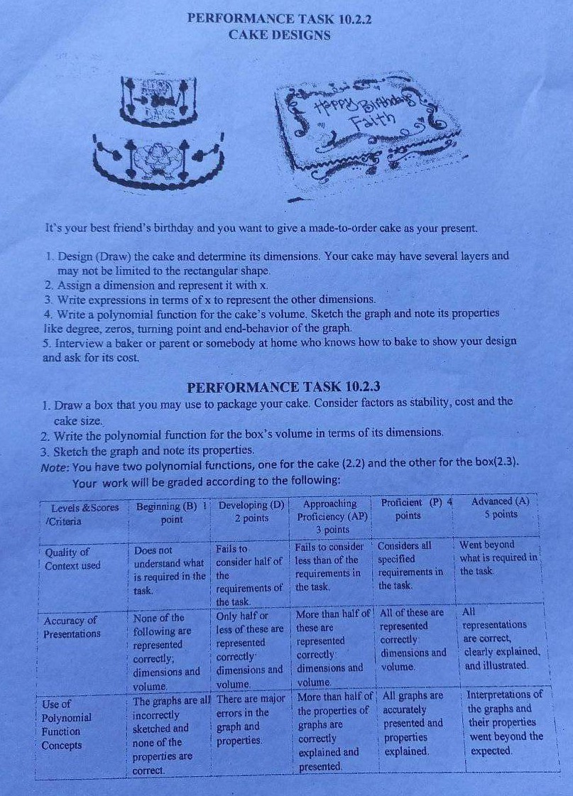 PERFORMANCE TASK 10.2 .2 CAKE DESIGNS It's your best friend's birthday ...