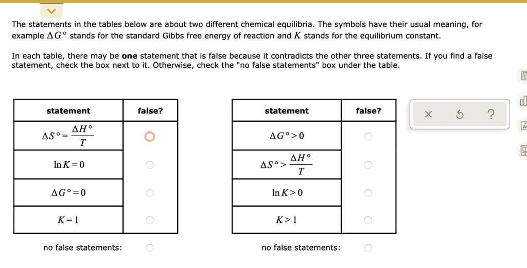 SOLVED: The statements in the tables below are about two different chemical equilibria. The ...