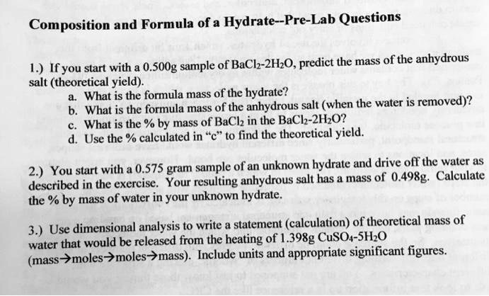composition and formula of a hydrate pre lab questions 1 ifyou start ...