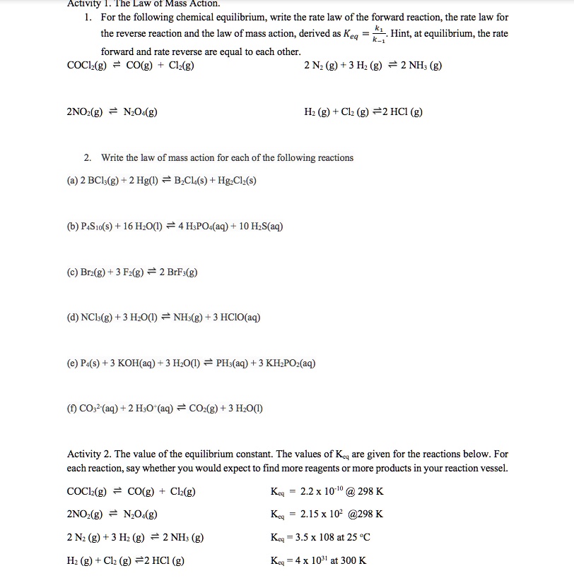 activity the law of mass action for the following chemical equilibrium ...
