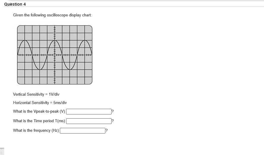 SOLVED: Given the following oscilloscope display chart: Vertical Sensitivity = 1V/div Horizontal ...