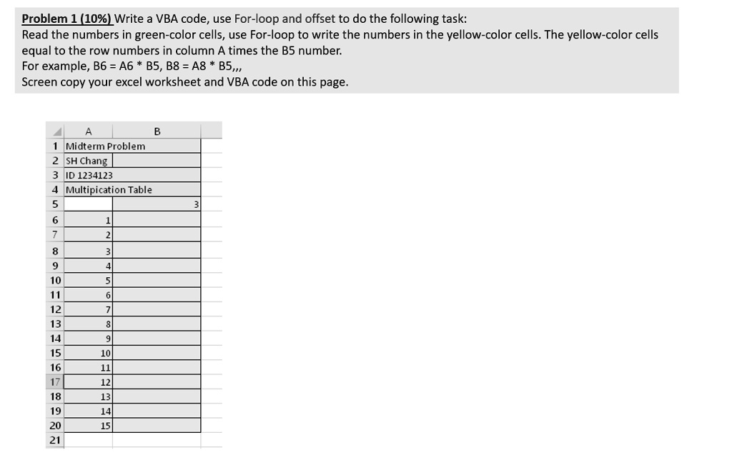 SOLVED: Problem 1 (10%): Write a VBA code using a For-loop and offset to perform the following ...