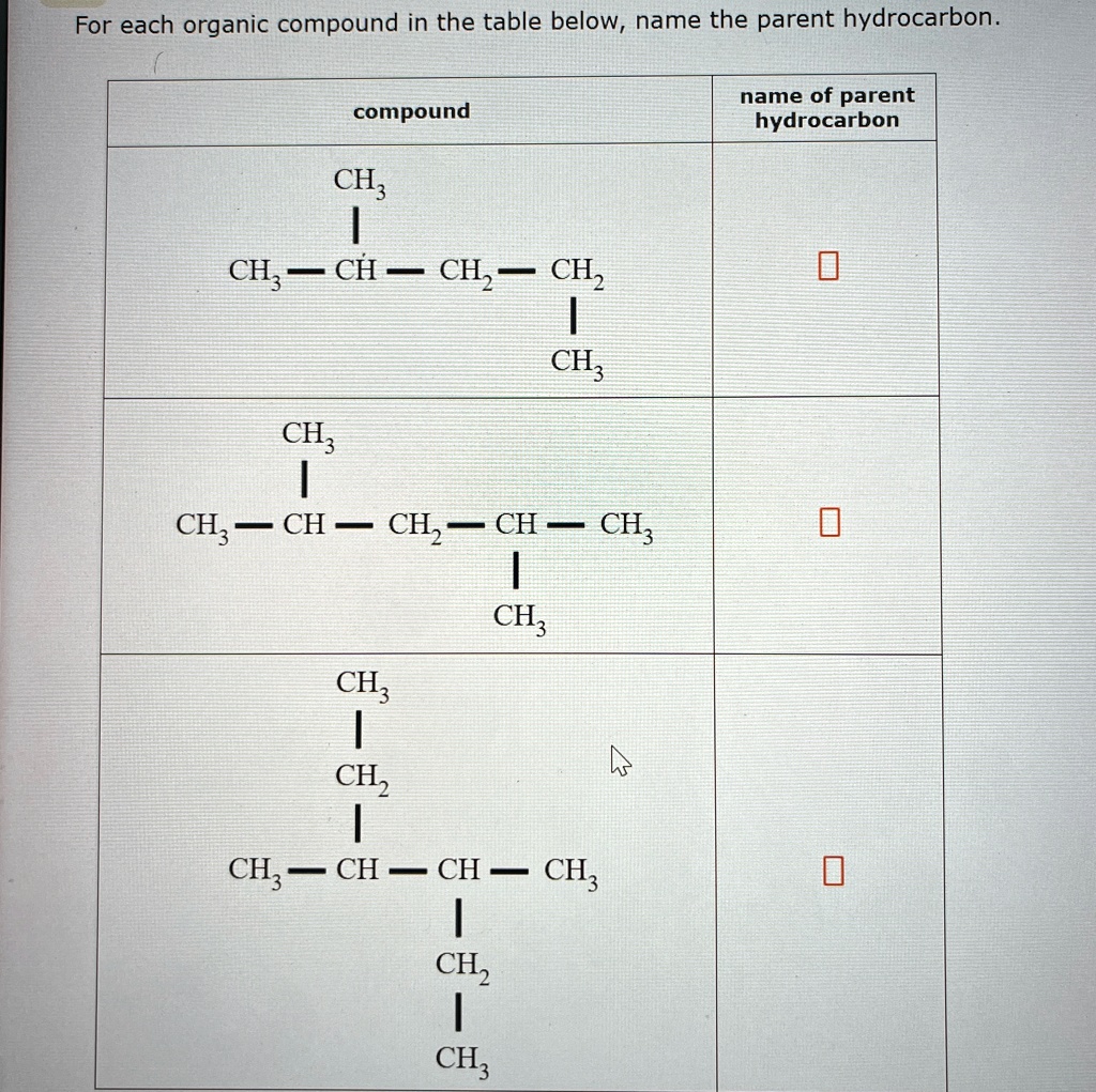 For each organic compound in the table below, name the parent hydrocarbon. compound CH3 CH3-CH ...