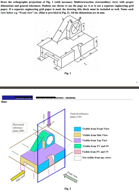 Draw the orthographic projections of Fig. 1 (with necessary Multiview ...