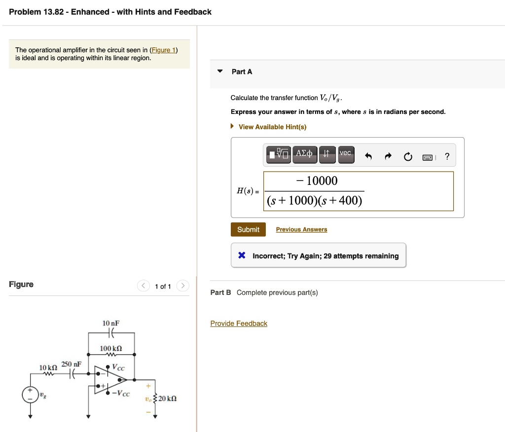 SOLVED: Problem 13.82 Enhanced with Hints and Feedback The operational amplifier in the circuit ...