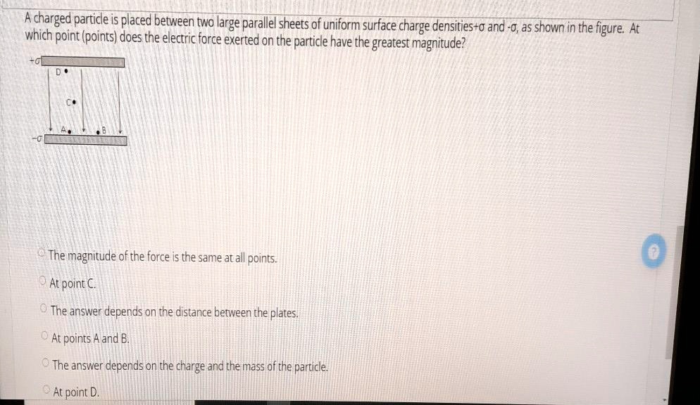 SOLVED:charged particle is placed between two large parallel sheets ofuniform surface charge ...