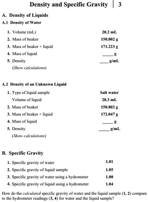 SOLVED: Density and Specific Gravity Density of Liquids A1 Density of ...
