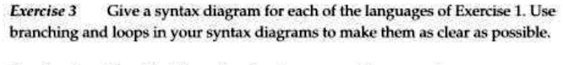 Exercise 3 Give a syntax diagram for each of the languages of Exercise 1. Use branching and ...