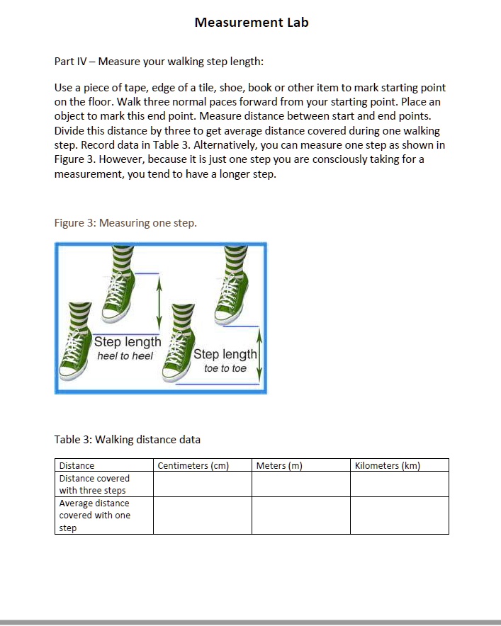 measurement lab part iv measure your walking step length use piece of ...