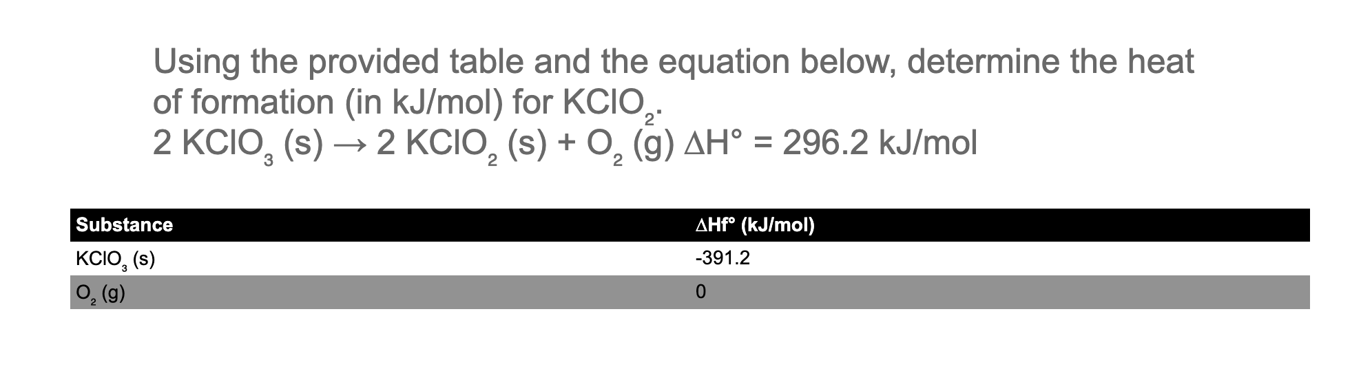 SOLVED: Using the provided table and the equation below, determine the ...