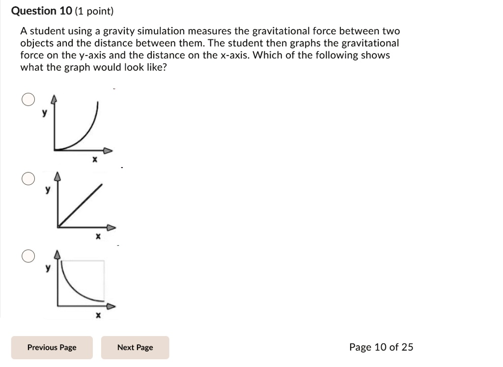 Question 10 (1 point) A student using a gravity simulation measures the gravitational force ...