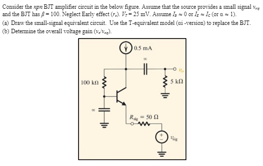 SOLVED: Consider the npn BJT amplifier circuit in the below figure. Assume that the source ...