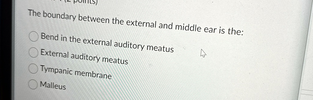 the boundary between the external and middle ear is the bend in the ...