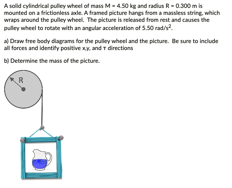 SOLVED: A solid cylindrical pulley wheel of mass M 4.50 kg and radius R ...