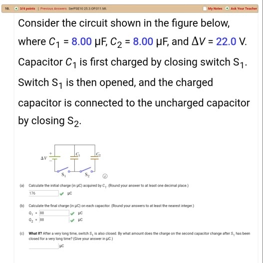 SOLVED: Consider the circuit shown in the figure below, where C = 8.00 F and V = 22.0 V ...