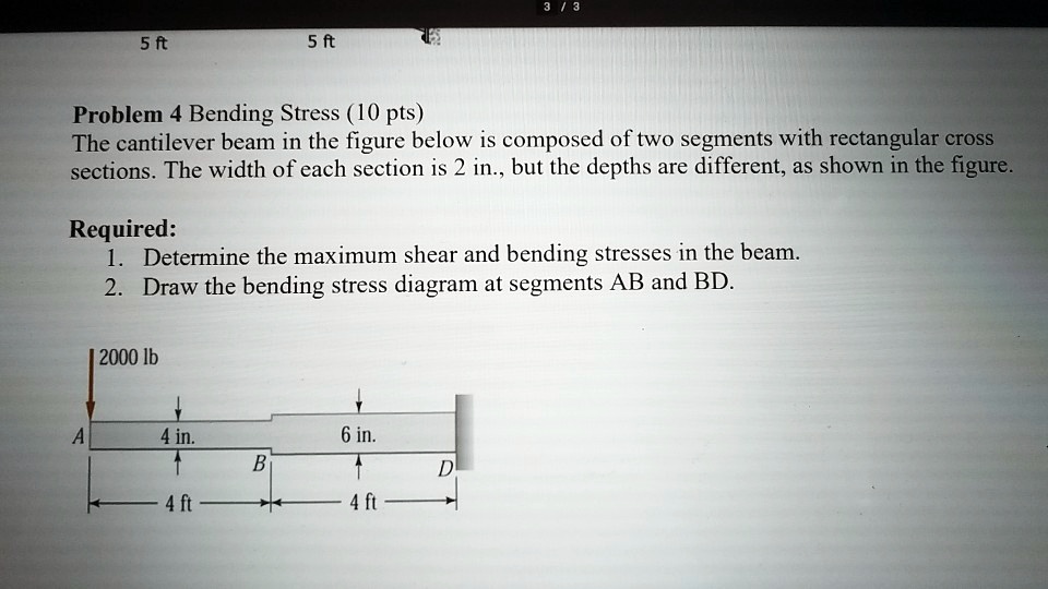 5 ft 5 ft 3/3 Problem 4 Bending Stress (10 pts) The cantilever beam in the figure below is ...