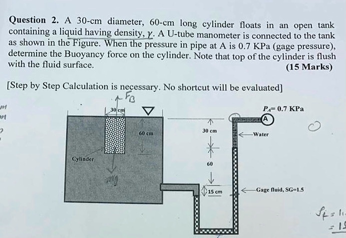 Question 2. A 30-cm diameter, 60-cm long cylinder floats in an open ...