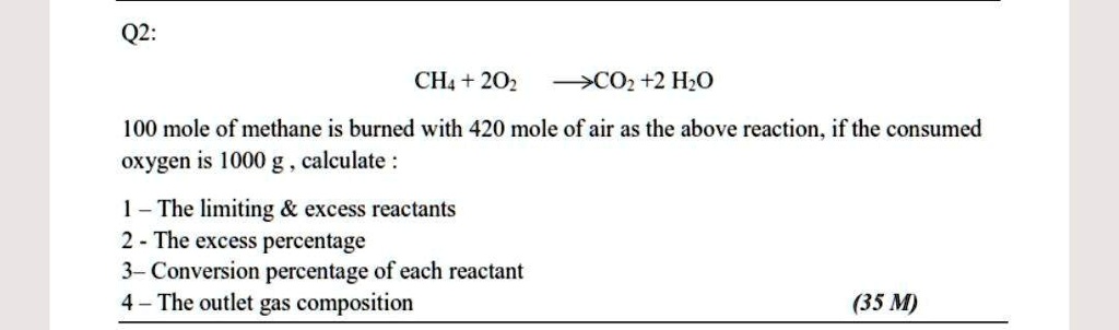 SOLVED: Q2: CH4 + 2O2 -> CO2 + 2H2O 100 moles of methane is burned with 420 moles of air as the ...
