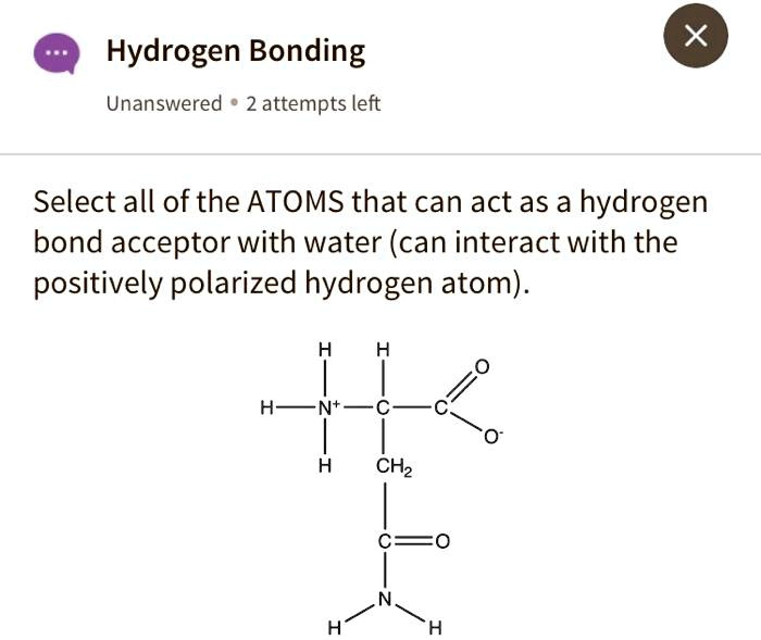 SOLVED: Hydrogen Bonding Unanswered 2 attempts left Select all of the ...