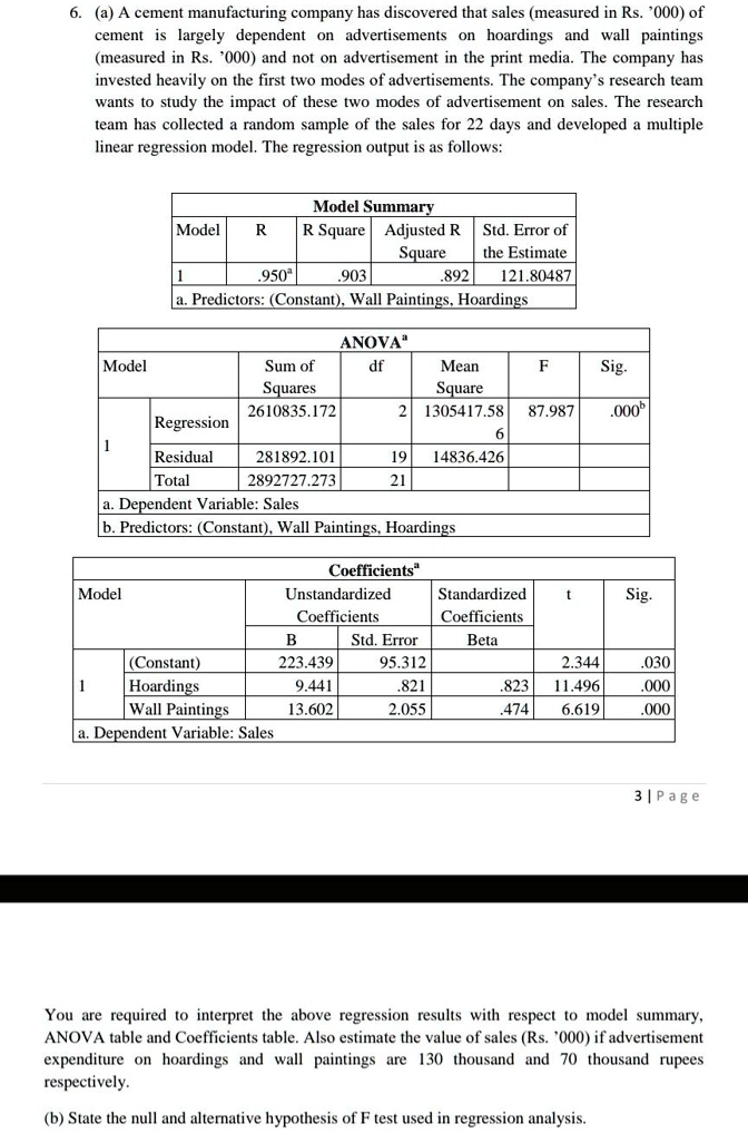 SOLVED: 6.a A cement manufacturing company has discovered that sales (measured in Rs.000) of ...