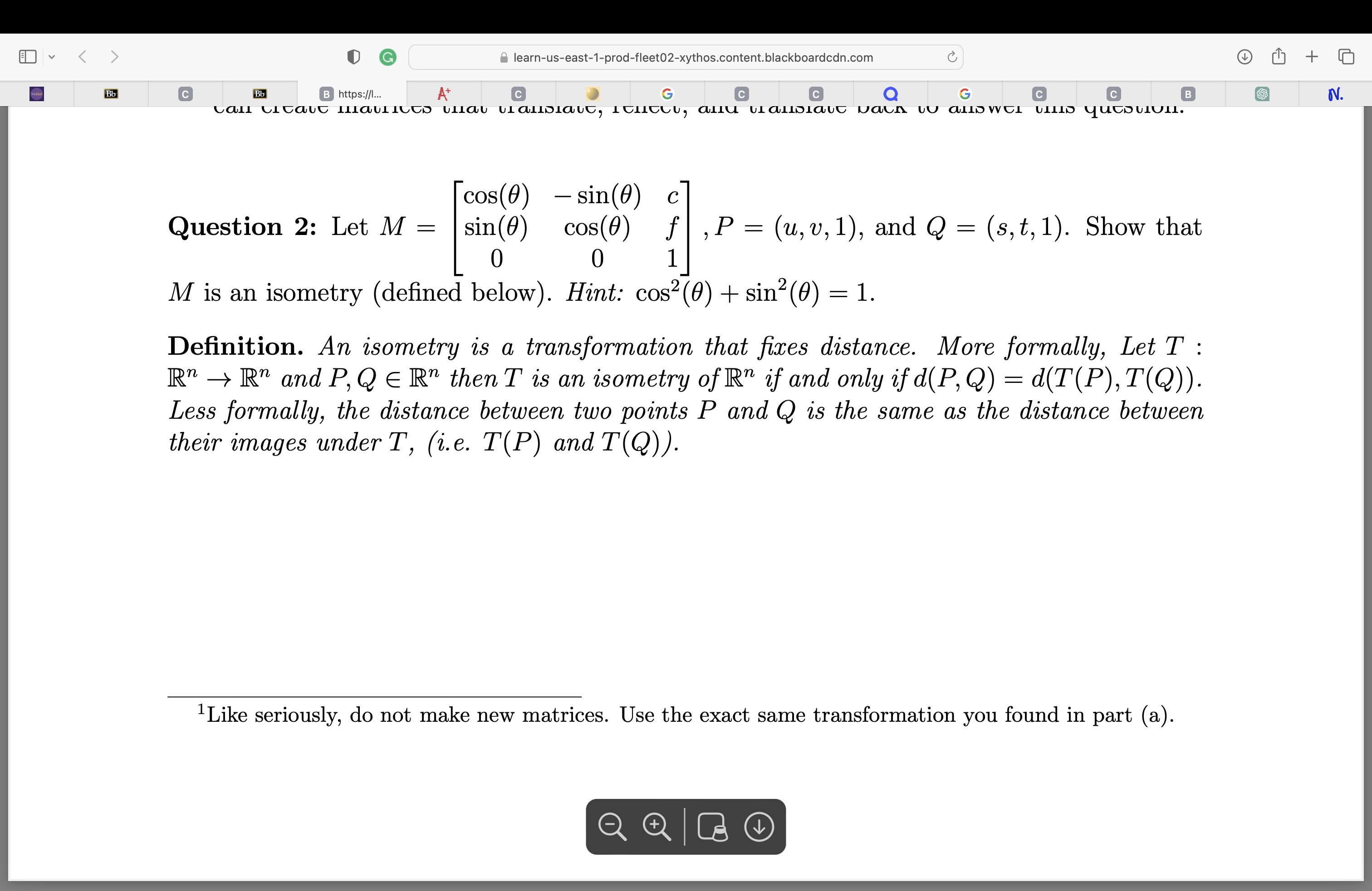 SOLVED: Question 2: Let M=[ cos (θ) -sin (θ) c sin (θ) cos (θ) f 0 0 1 ...