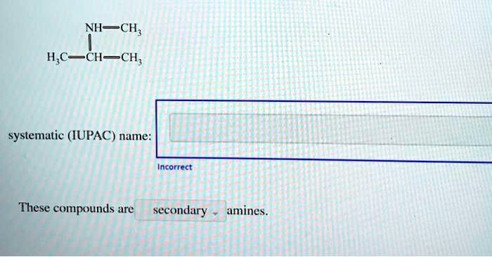 NH-CH3 H3C-CH-CH3 systematic (IUPAC) name: Incorrect These...