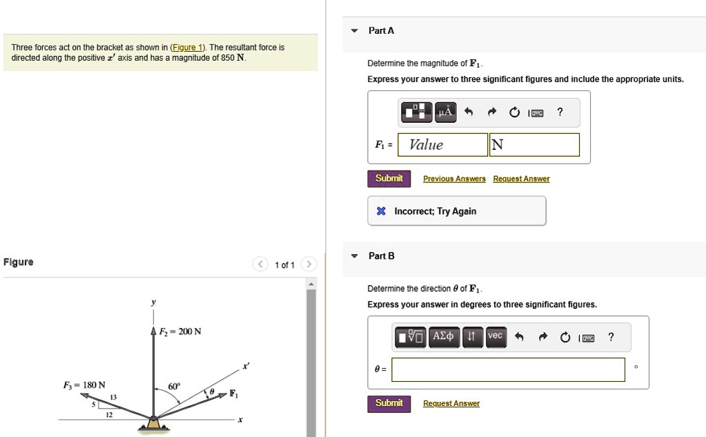 SOLVED: Texts: Part A Three forces act on the bracket as shown in Figure 1. The resultant force ...
