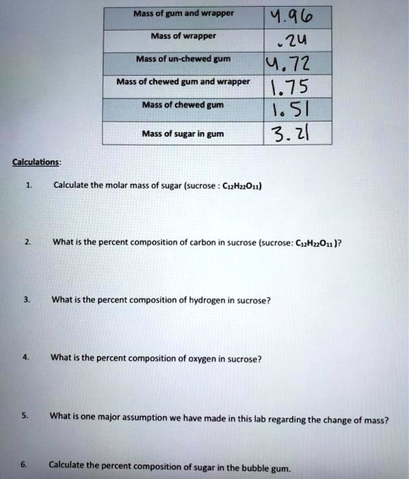 mass of gum and wrapper 4ql mass of wrapper 7u mass of un chewed gum ...