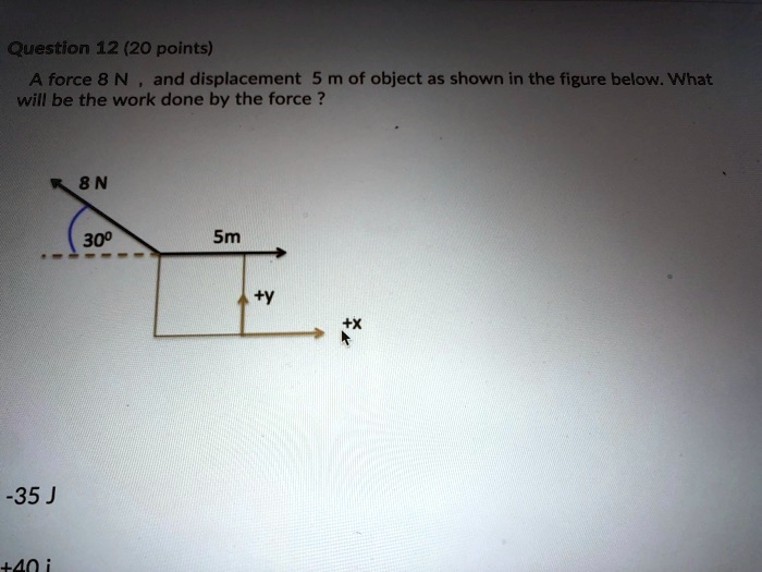 SOLVED: Question 12 (20 points) A force 8 N and displacement 5 m of ...