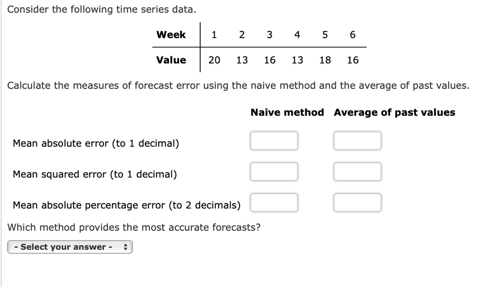 SOLVED: Consider the following time series data. Week 2 3 4 5 Value 20 13 16 13 18 16 Calculate ...