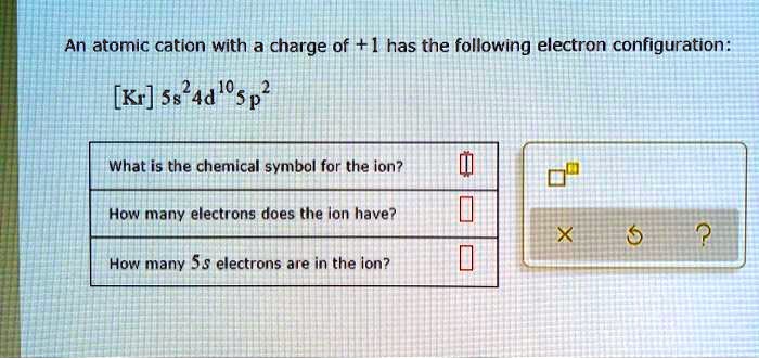 SOLVED: An atomic cation with a charge of + 1 has the following electron configuration: [Kr ...