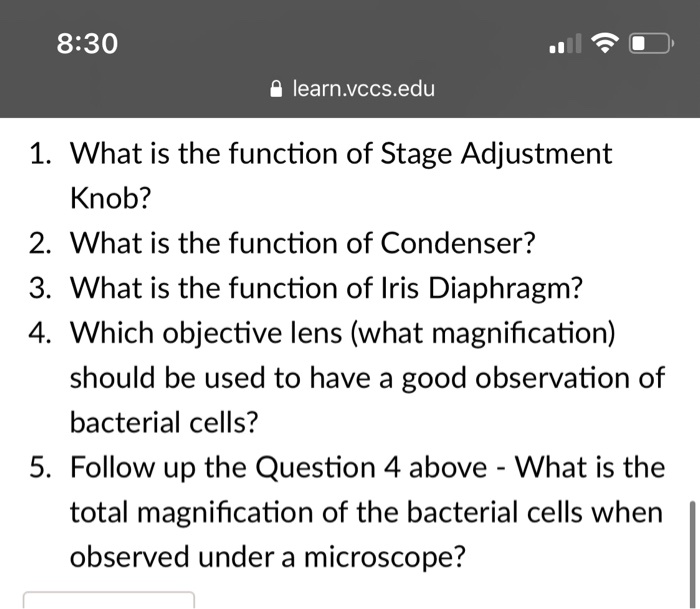 SOLVED: Learn.vccs.edu 1. What is the function of the Stage Adjustment Knob? 2. What is the ...