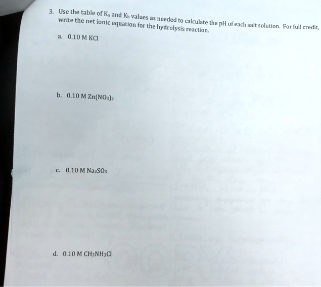 3. Use the table of Ka and Kb values as needed to calculate the pH of each salt solution. For ...