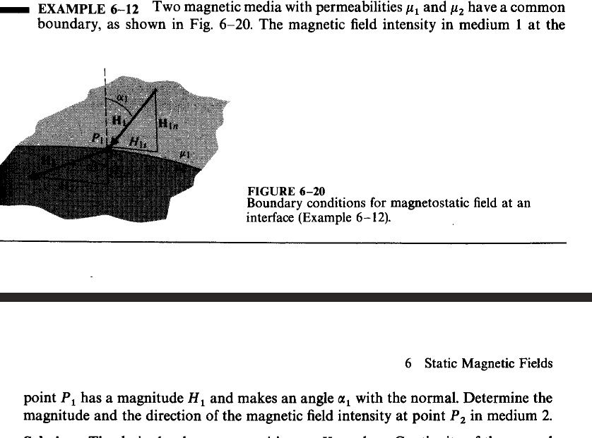 EXAMPLE 6-12 Two magnetic media with permeabilities μ1 and μ2 have a ...