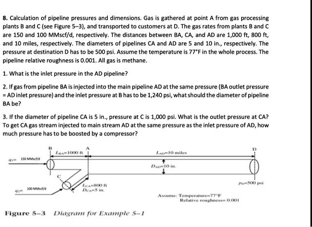8. Calculation of pipeline pressures and dimensions. Gas is gathered at ...