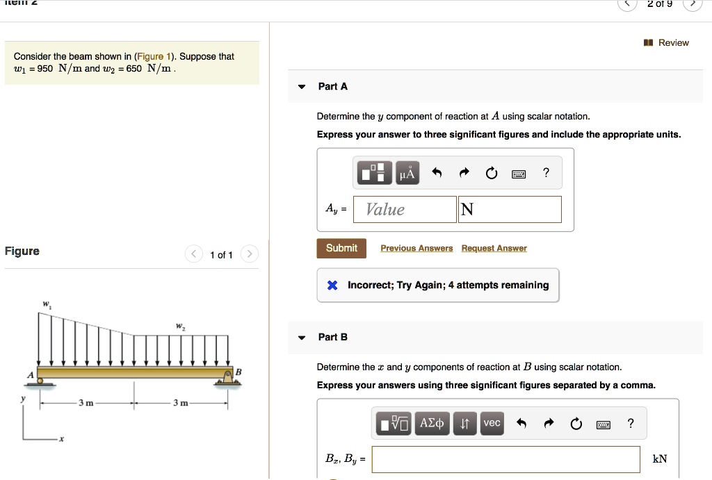 Consider the beam shown in Figure 1. Suppose that W1 = 950 N/m and W2 ...