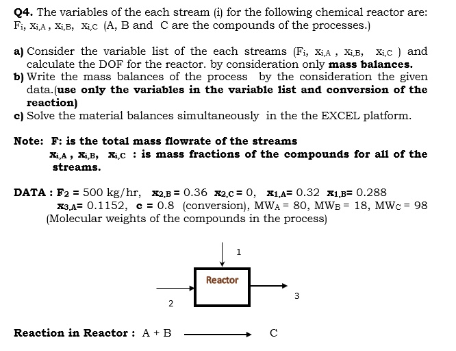 SOLVED: Q4. The variables of each stream (i) for the following chemical ...