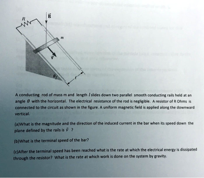 SOLVED: A conducting rod of mass m and length slides down two parallel ...