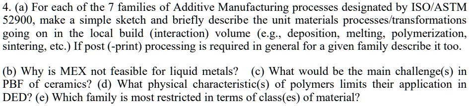 4. (a) For each of the 7 families of Additive Manufacturing processes ...